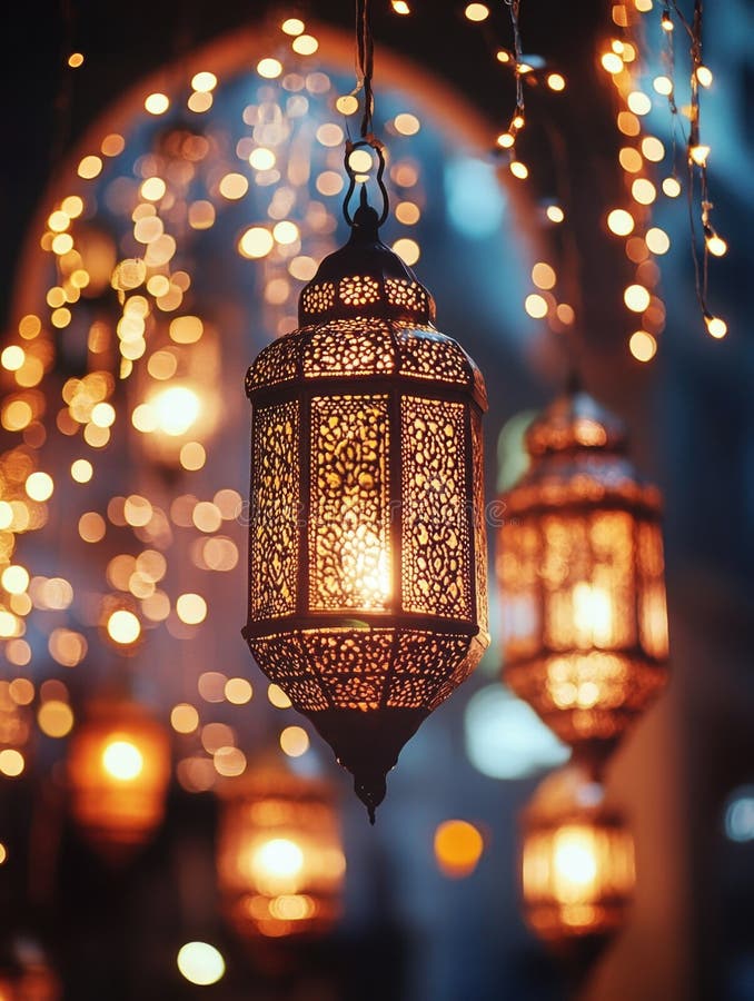 Series of Lit Lanterns Hanging from the Ceiling, Creating a Warm Stock ...