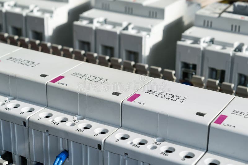 A Range of Modular Circuit Breakers in an Electrical Cabinet Stock ...