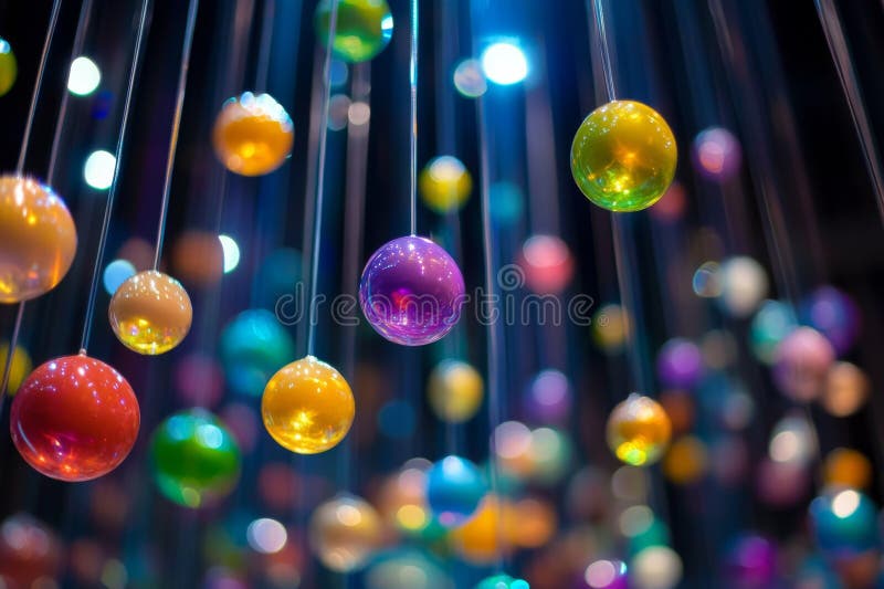 Series of Multicolored Glowing Spheres Hanging in a Dynamic Arrangement ...