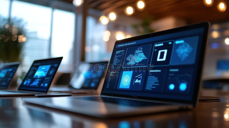 A Series of Open Laptops on a Table Each Showing an Online Training ...
