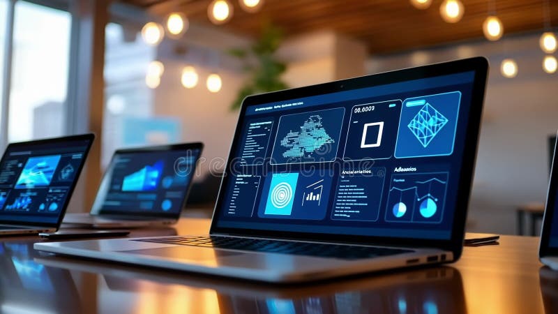 A Series of Open Laptops on a Table Each Showing an Online Training ...
