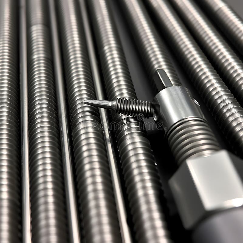 A Series of Precise Threaded Metal Rods with Each One Showing the Fine ...