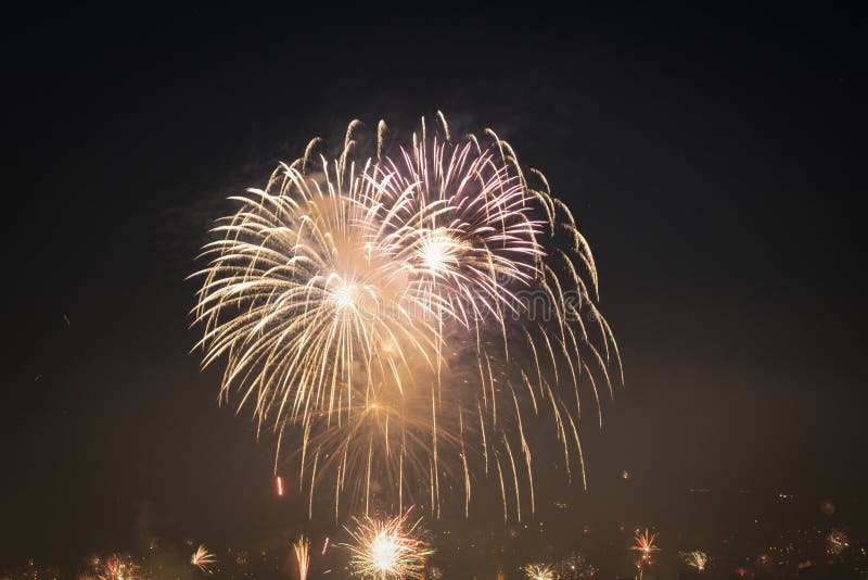 Series of Real Fireworks Against Black Sky at Night. Stock Photo ...