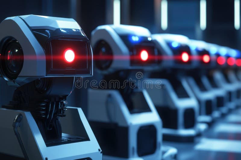 Robots Lined Up in a Futuristic Setting with Glowing Red Lights Stock ...