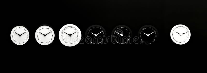 A Row of Clocks on a Black Background Stock Image - Image of face, line ...