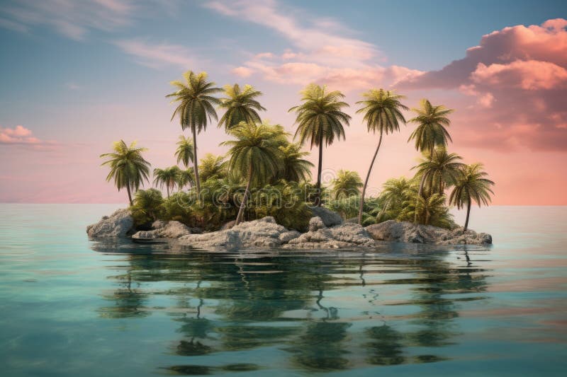 A Series of Small Islands with Palm Trees Floating Above an Ocean Stock ...