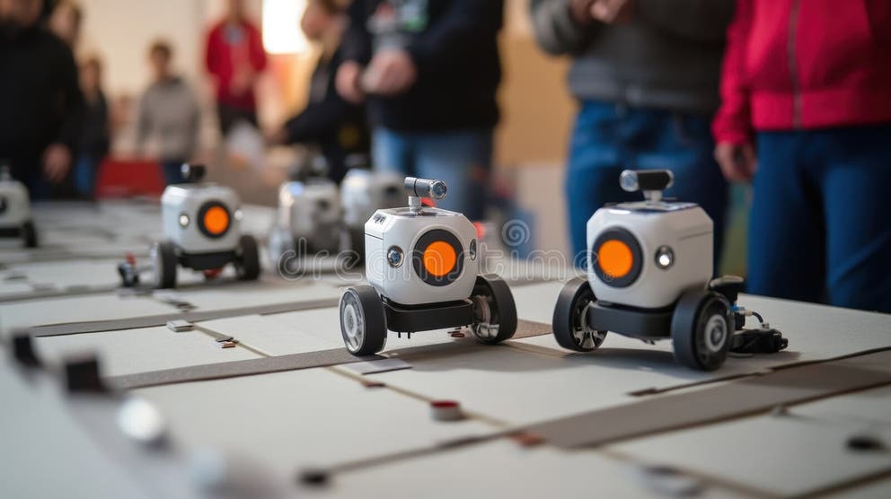 A Series of Small Robots Navigating an Obstacle Course in a Training ...