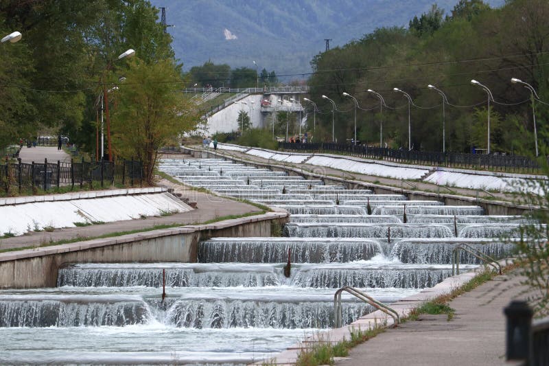 Waterfall Cascade Amid Pathways and Scenic Mountain Backdrop with ...
