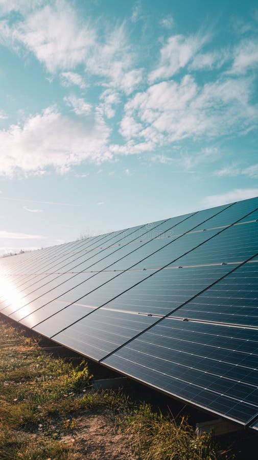 Solar Panels Lined Up Under Scattered Clouds, Symbolizing Renewable ...