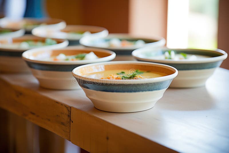 Series of Soup Bowls Ready for Serving on a Buffet Table Stock ...