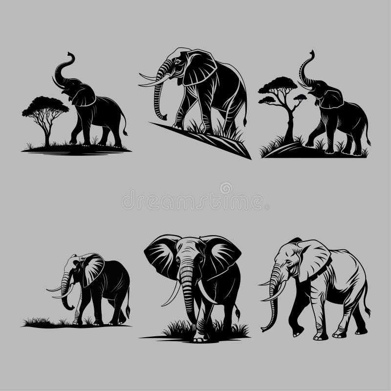 A Series of Stylized Illustrations of Elephants Stock Vector ...