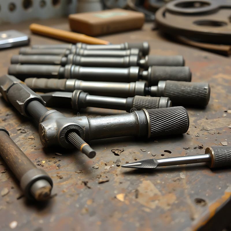 A Series of Threading Tools on a Dusty Workbench with Worn Out Surfaces ...