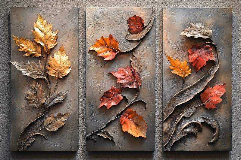 A Series of Three Panels - Sculpted Stucco Artwork of Autumn Leaves ...