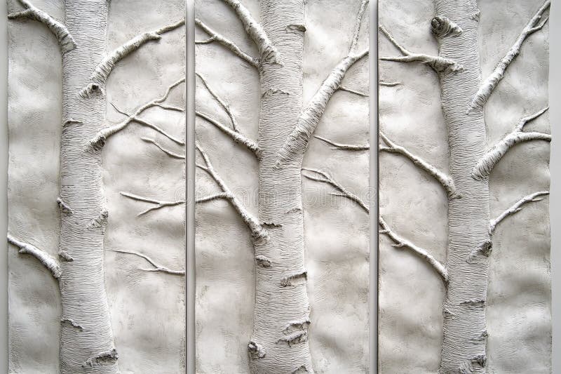 A Series of Three Panels - Sculpted Stucco Artwork of Birch Tree Stock ...