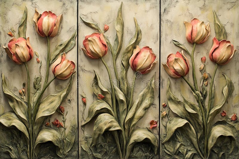 A Series of Three Panels - Sculpted Stucco Artwork of Blossoming Tulip Stock Photo - Image of ...