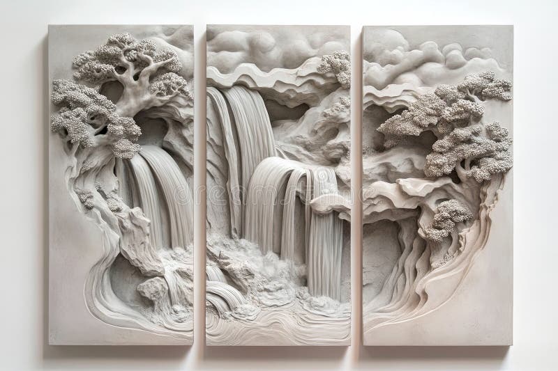 A Series of Three Panels - Sculpted Stucco Artwork of Cascading Stock ...