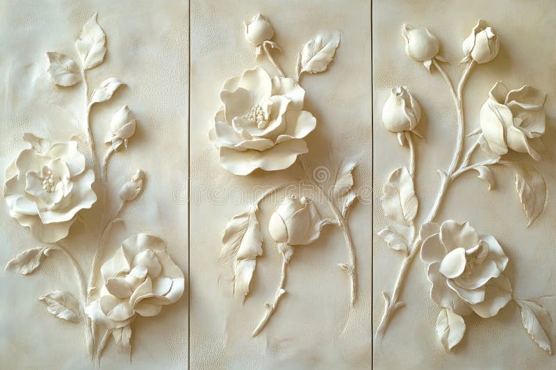A Series of Three Panels - Sculpted Stucco Artwork of Delicate Stock ...