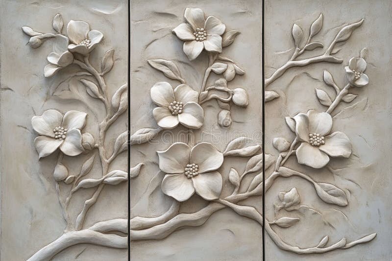 A Series of Three Panels - Sculpted Stucco Artwork of Fragrant Jasmine ...