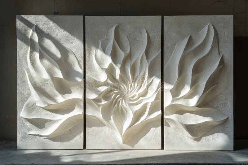 A Series of Three Panels - Sculpted Stucco Artwork of Frosted Crystal ...