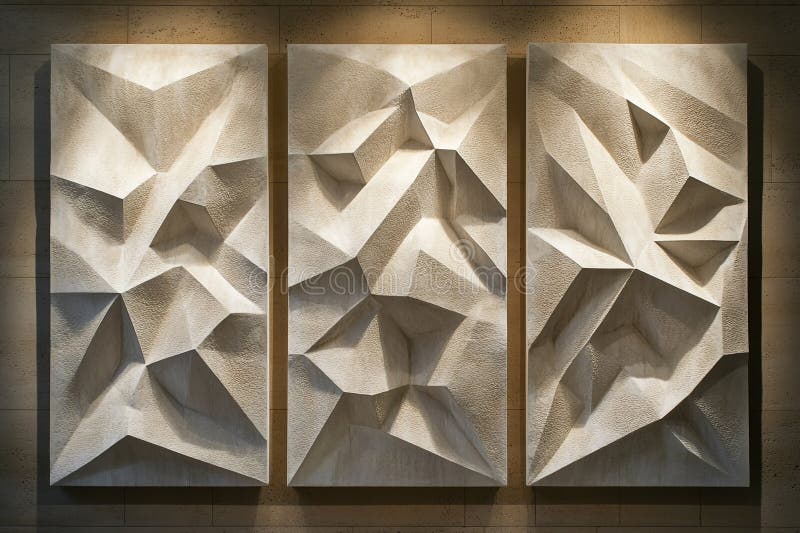 A Series of Three Panels - Sculpted Stucco Artwork of Geometric Frost ...