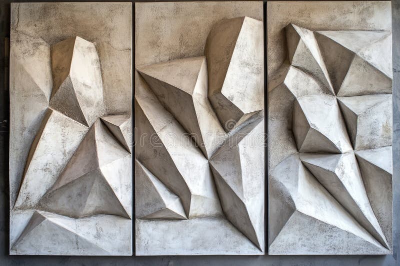 A Series of Three Panels - Sculpted Stucco Artwork of Geometric Frost ...