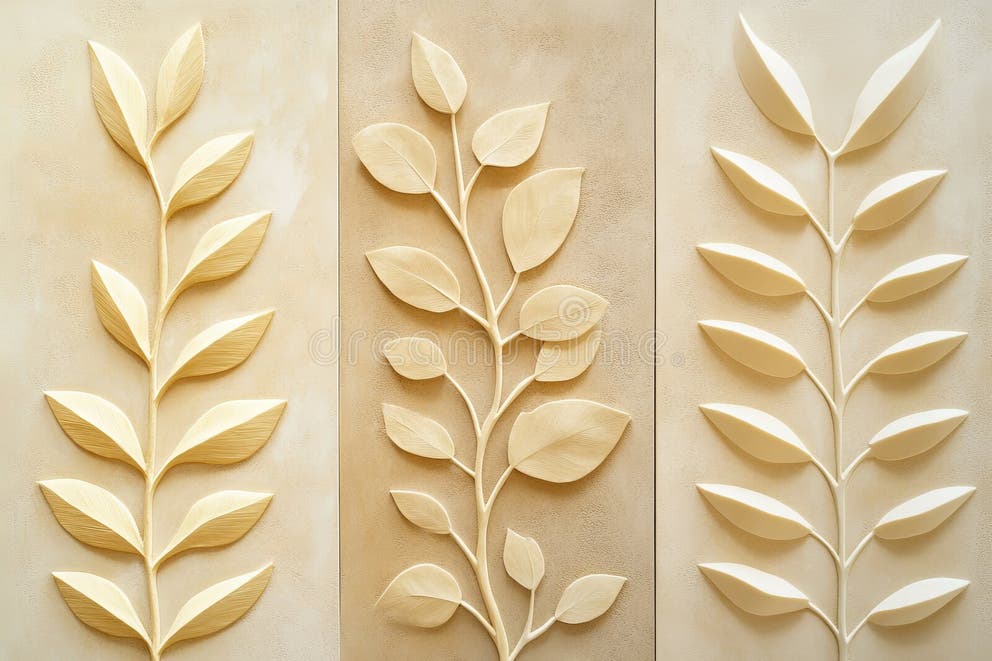 A Series of Three Panels - Sculpted Stucco Artwork of Geometric Leaf ...