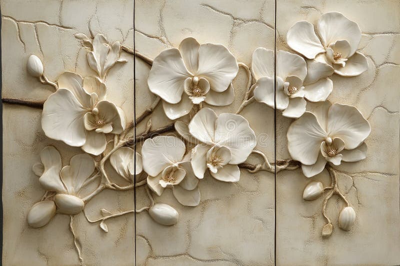 A Series of Three Panels - Sculpted Stucco Artwork of Graceful Orchids ...