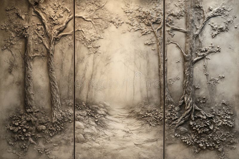 A Series of Three Panels - Sculpted Stucco Artwork of Misty Forest ...