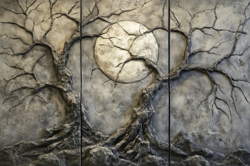 A Series of Three Panels - Sculpted Stucco Artwork of Moonlit Tree ...