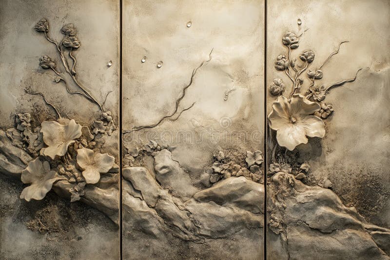 A Series of Three Panels - Sculpted Stucco Artwork of Morning Dewdrops ...