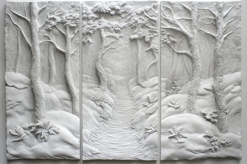 A Series of Three Panels - Sculpted Stucco Artwork of Snow-Covered ...