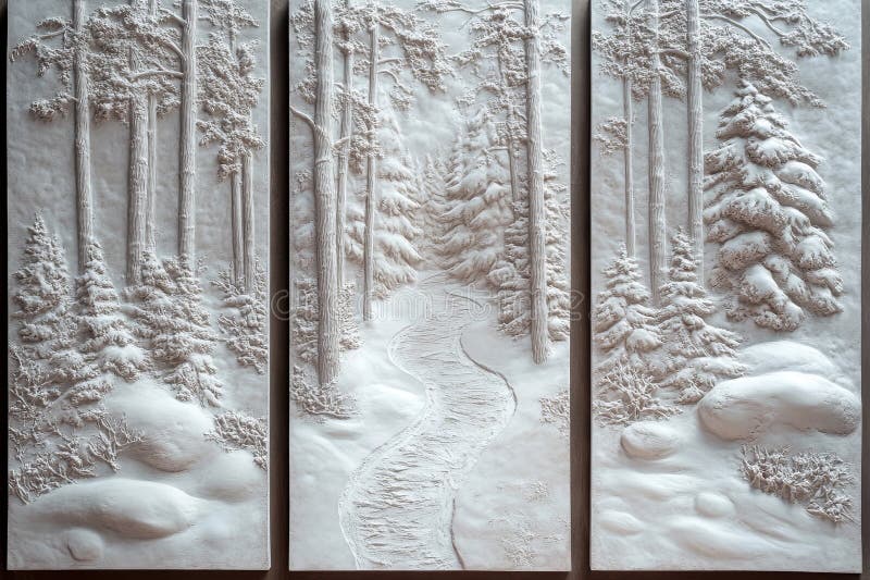 A Series of Three Panels - Sculpted Stucco Artwork of Snow-Covered ...