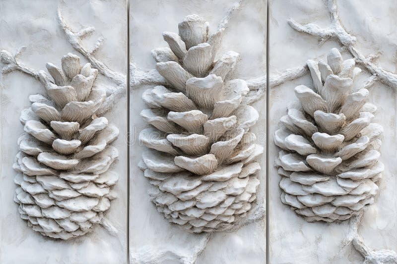A Series of Three Panels - Sculpted Stucco Artwork of Snow-Covered ...