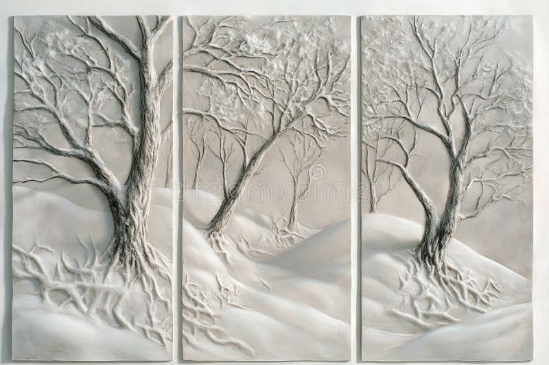 A Series of Three Panels - Sculpted Stucco Artwork of Snow-Laden Tree ...