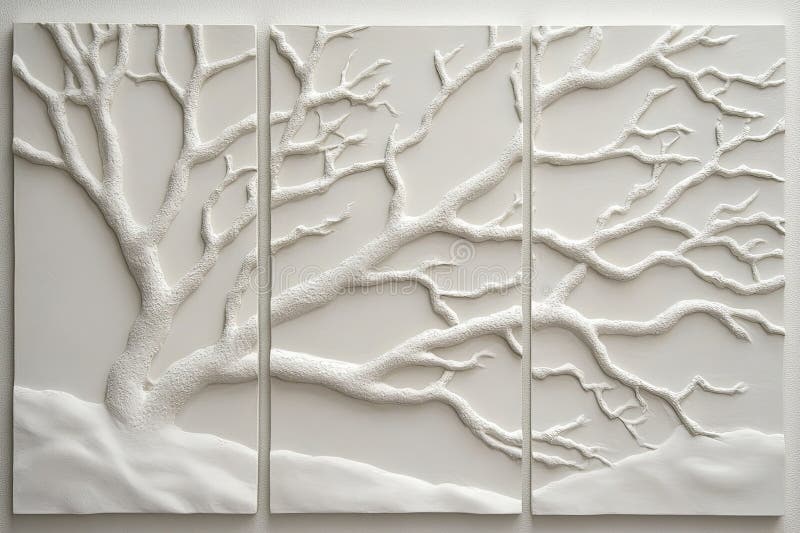 A Series of Three Panels - Sculpted Stucco Artwork of Snowy Tree Stock ...