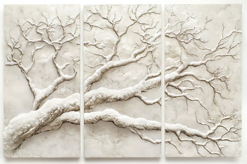 A Series of Three Panels - Sculpted Stucco Artwork of Snowy Tree Stock ...