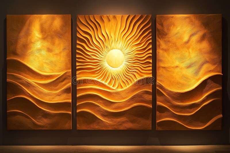 A Series of Three Panels - Sculpted Stucco Artwork of Sunset Light Stock Photo - Image of spring ...