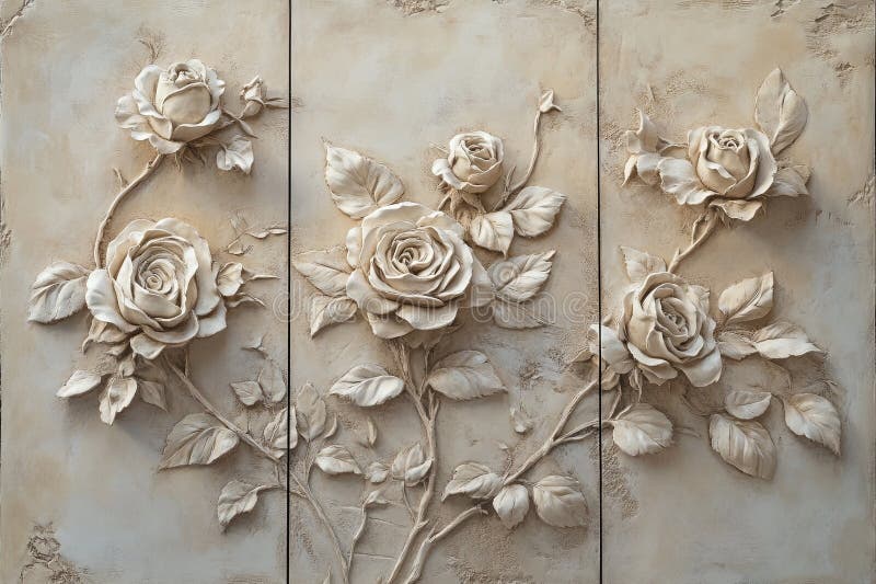 A Series of Three Panels - Sculpted Stucco Artwork of Tranquil Roses ...
