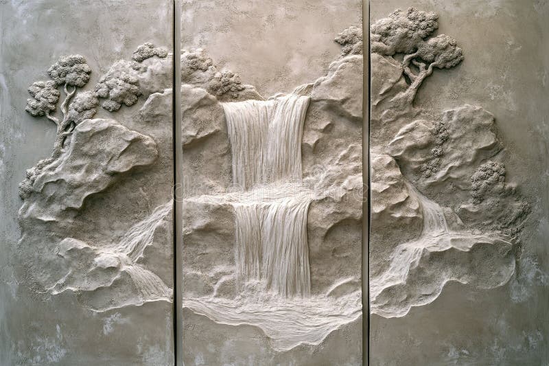 A Series of Three Panels - Sculpted Stucco Artwork of Waterfall Stock ...