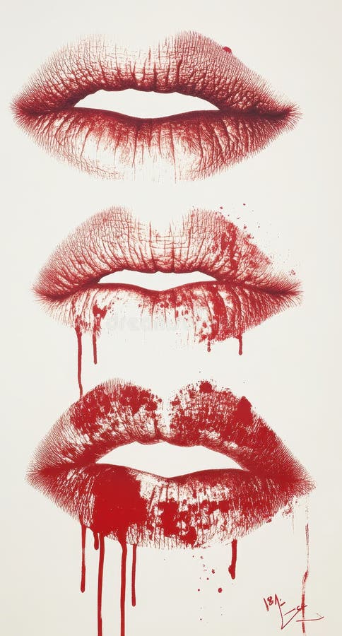 Three Red Lips Illustrations with Dripping Paint and Texture Stock Photo - Image of romantic ...