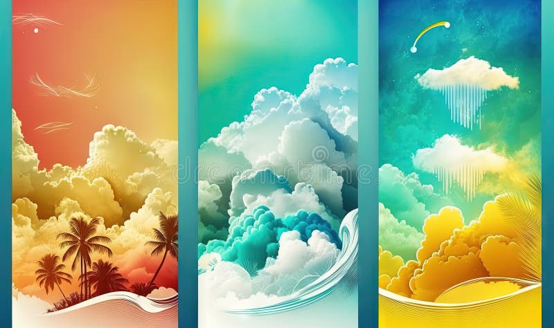 A Series of Three Vertical Banners with Clouds and Palm Trees Stock ...