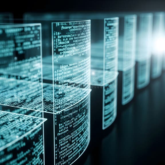 A Series of Translucent Digital Screens Display Glowing Lines of Code ...