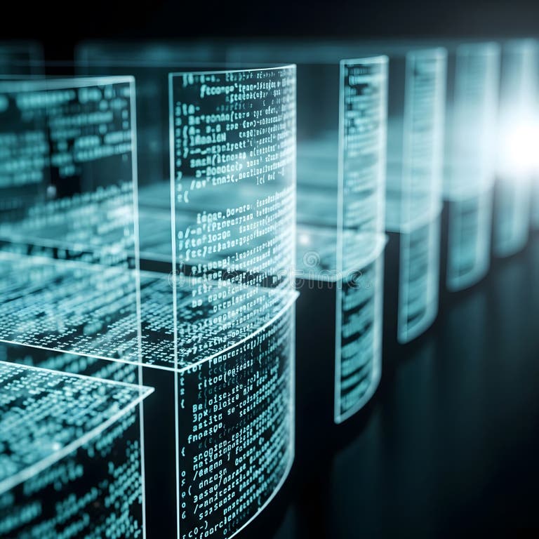 A Series of Translucent Digital Screens Display Glowing Lines of Code and Data, Representing ...