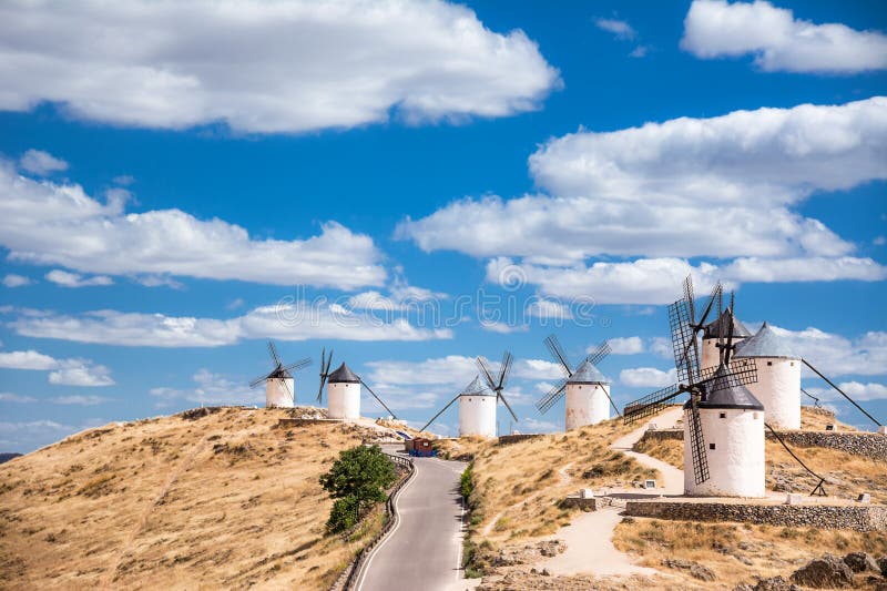Series of Windmills of Consuegra on the Hill with Blue Sky and White ...