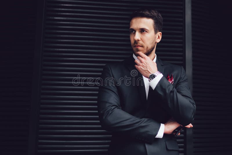 Serious Adult Male Boss Making Decision at Black Wall Stock Image ...