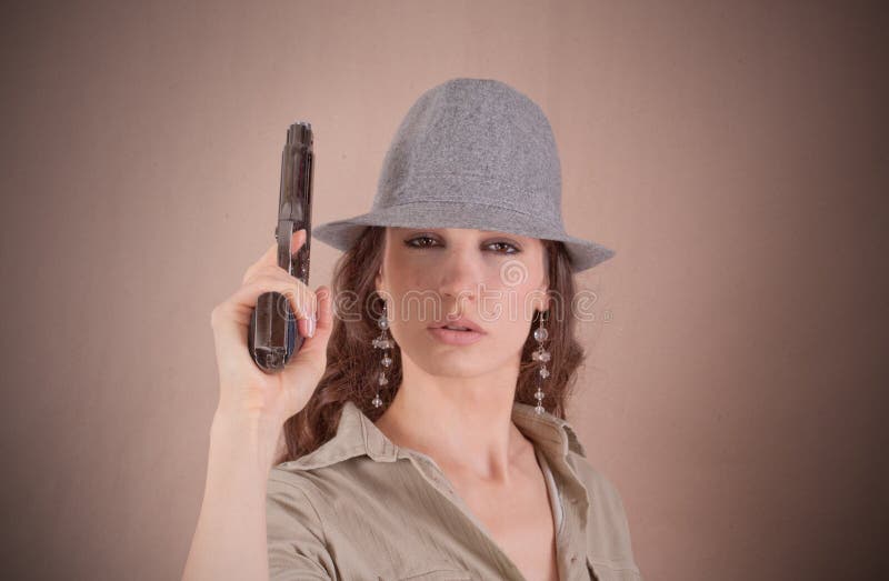 Serious Agent Girl in Retro Style Stock Photo - Image of shooting ...