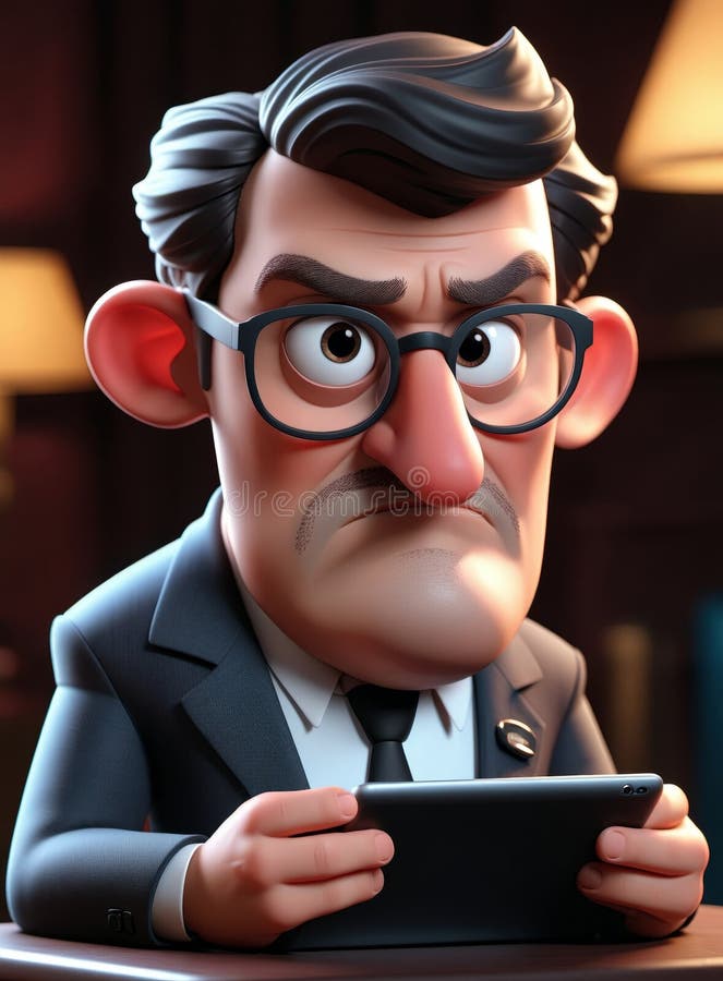 Serious Animated Character with Mustache and Glasses Focused on Tablet ...