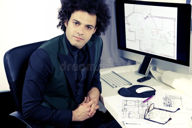 Serious Architect Working with Computer in Office Looking Camera Stock ...