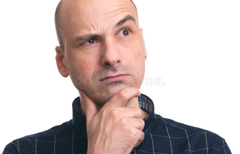 Serious Bald Man Thinking. Looking Up Stock Photo - Image of brain ...