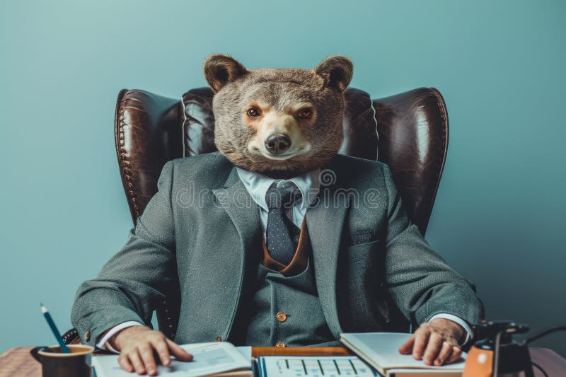 Serious Bear Executive in Business Suit Examines Data in Office, Pastel ...
